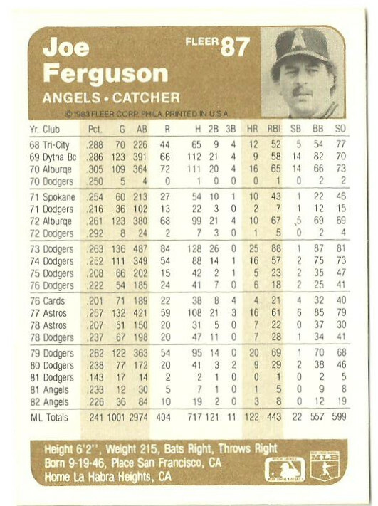 JOE FERGUSON ANGELS #87 - FLEER NM-MT 1983 | eBay
