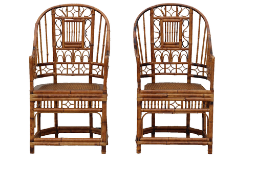 Vtg Pair 2 High Back Brighton Pavilion Burnt Bamboo Cane Fretwork Arm ...