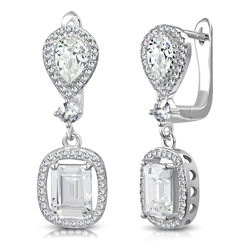 925 Sterling Silver Rectangular Teardrop Clear CZ Drop Dangle Earrings ...