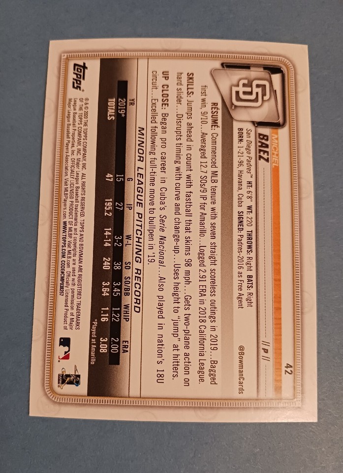 Michael Baez 2020 Bowman #42 Rookie Card RC San Diego Padres | eBay