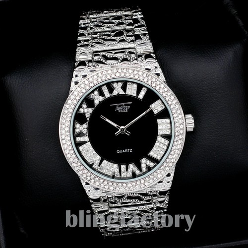 Men's Iced Luxury Hip Hop Silver Nugget Bling Black Dial Wrist Metal ...