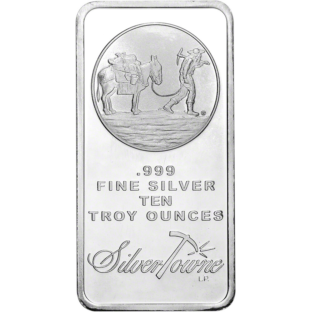 10 oz. SilverTowne Silver Bar - Trademark Prospector Design - 999 Fine ...