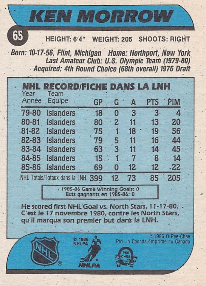 1986-87 O-Pee-Chee Hockey Ken Morrow #65 NM/MT NEW YORK ISLANDERS | eBay