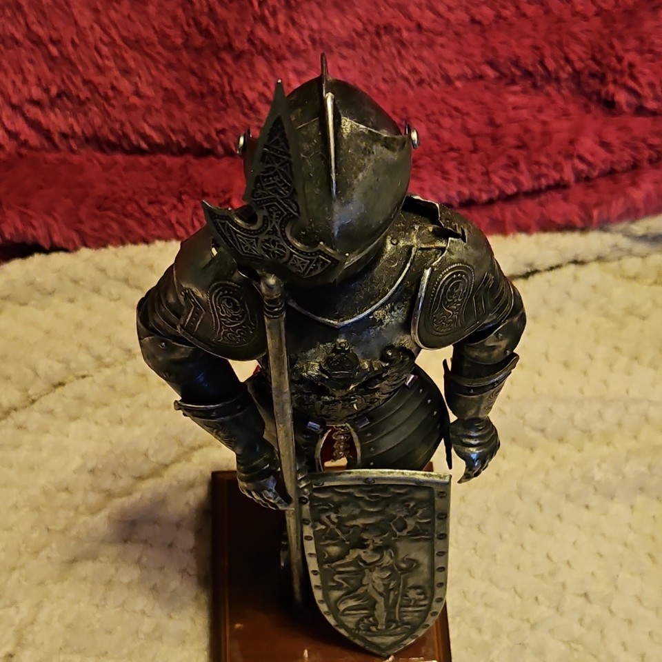 Antique Knight Armor Figurine Silver Red Metal Shield Spear Wooden Base ...