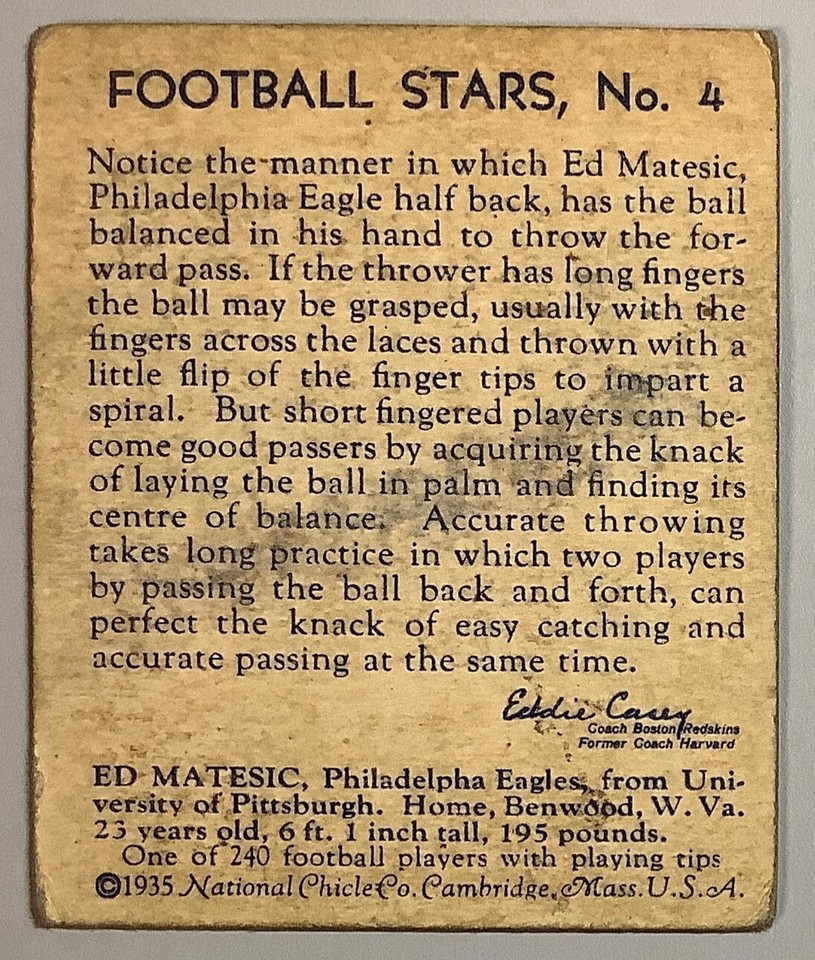 1935 NATIONAL CHICLE FOOTBALL #4 ED MATESIC (ROOKIE CARD) PHILADELPHIA ...