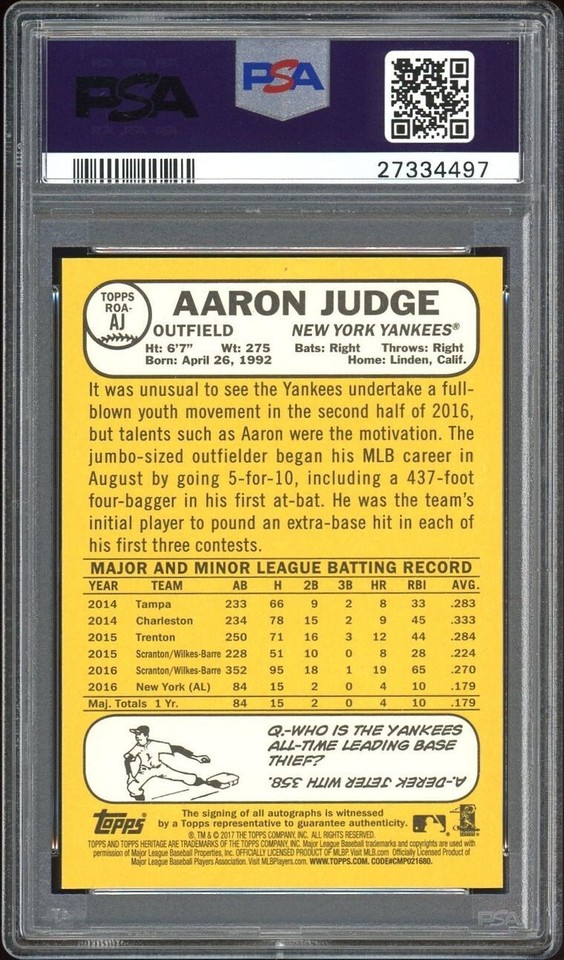 2017 TOPPS HERITAGE REAL ONE AUTOGRAPHS AJ AARON JUDGE RED INK PSA 10 ...