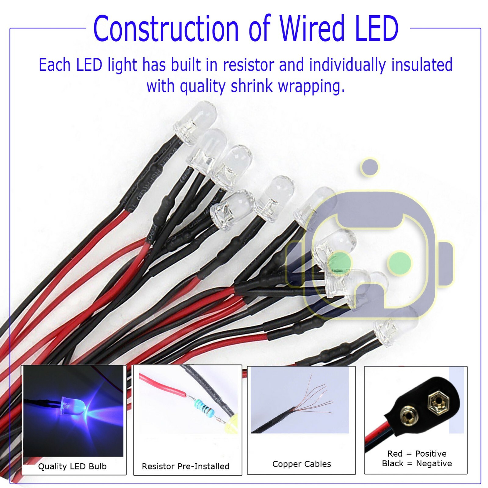 1~5 Pre Wired 5mm LED 9 Volt Red Flashing On Snap 9V Battery Clip Blink ...