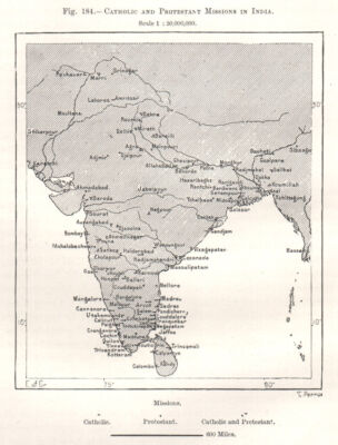 Catholic and Protestant Missions in India. Sketch map 1885 old antique ...