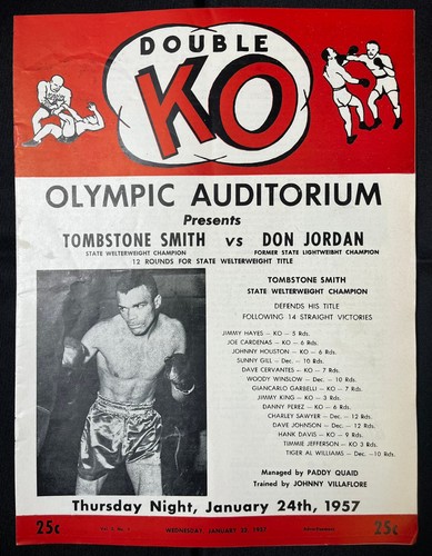 1957 CHARLEY TOMBSTONE SMITH vs DON JORDAN Double KO Boxing Program LOS ...