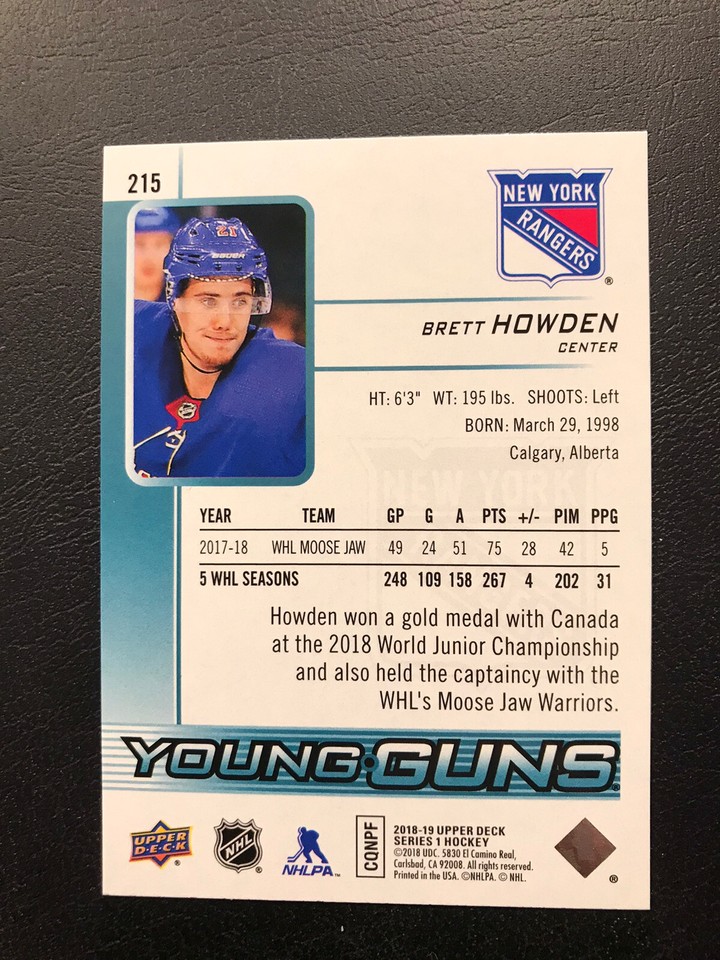 2018-19 UPPER DECK BRETT HOWDEN YOUNG GUNS ROOKIE CARD!🔥VEGAS GOLDEN ...