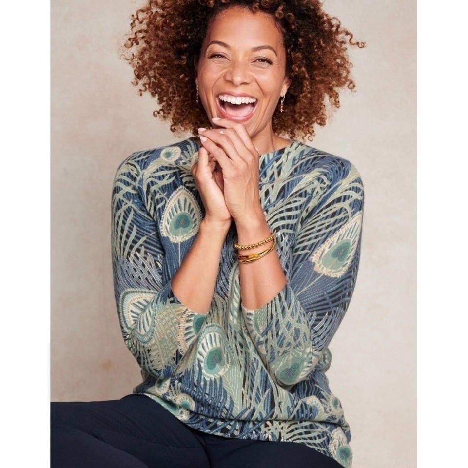 $200 TALBOTS CASHMERE PEACOCK FEATHER PRINT 3/4 SLEEVE SWEATER SZ Small ...