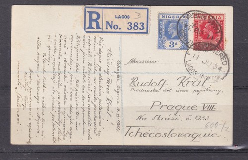 NIGERIA,1934 Registered ppc., Road, 1d. & 3d. to Prague, Czechoslovakia ...