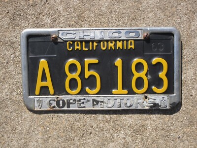1963 California License Plate A 85 183 CA Chico Cope Motors Frame ...