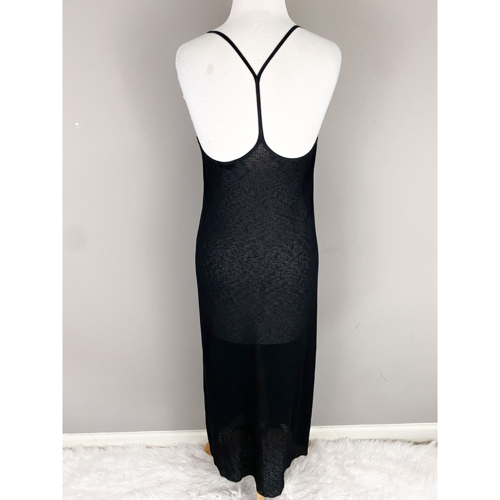 ZARA Black Semi Sheer Racerback Maxi Spaghetti Strap V-Neck Dress Small ...