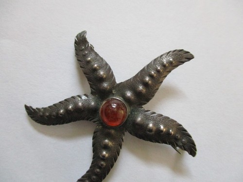 Antique Kramer Amber 835 Silver Starfish Pin Brooch - Gem