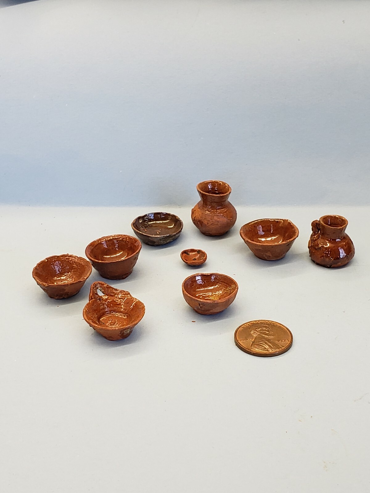 Lot of 8 Miniature Dollhouse Redware Bowls vases Folk Art Primitive ...