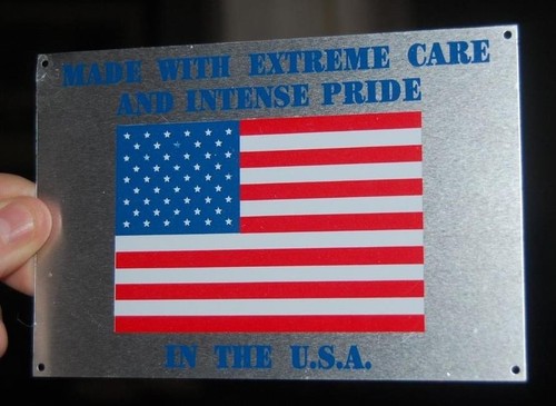 VINTAGE MADE WITH CARE & PRIDE IN THE U.S.A. METAL FLAG ADV. PLAQUE TAG ...