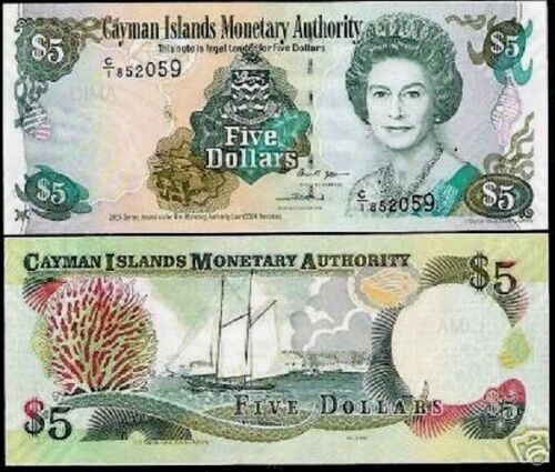 Cayman Islands 5 DOLLARS P-34 A 2005 C/1 QUEEN Elizabeth UNC Sailing ...