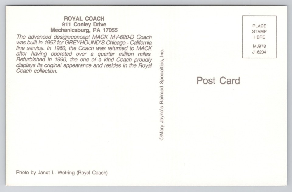 Greyhound Mack MV-620-D Coach Bus 1990s Postcard Royal Coach ...