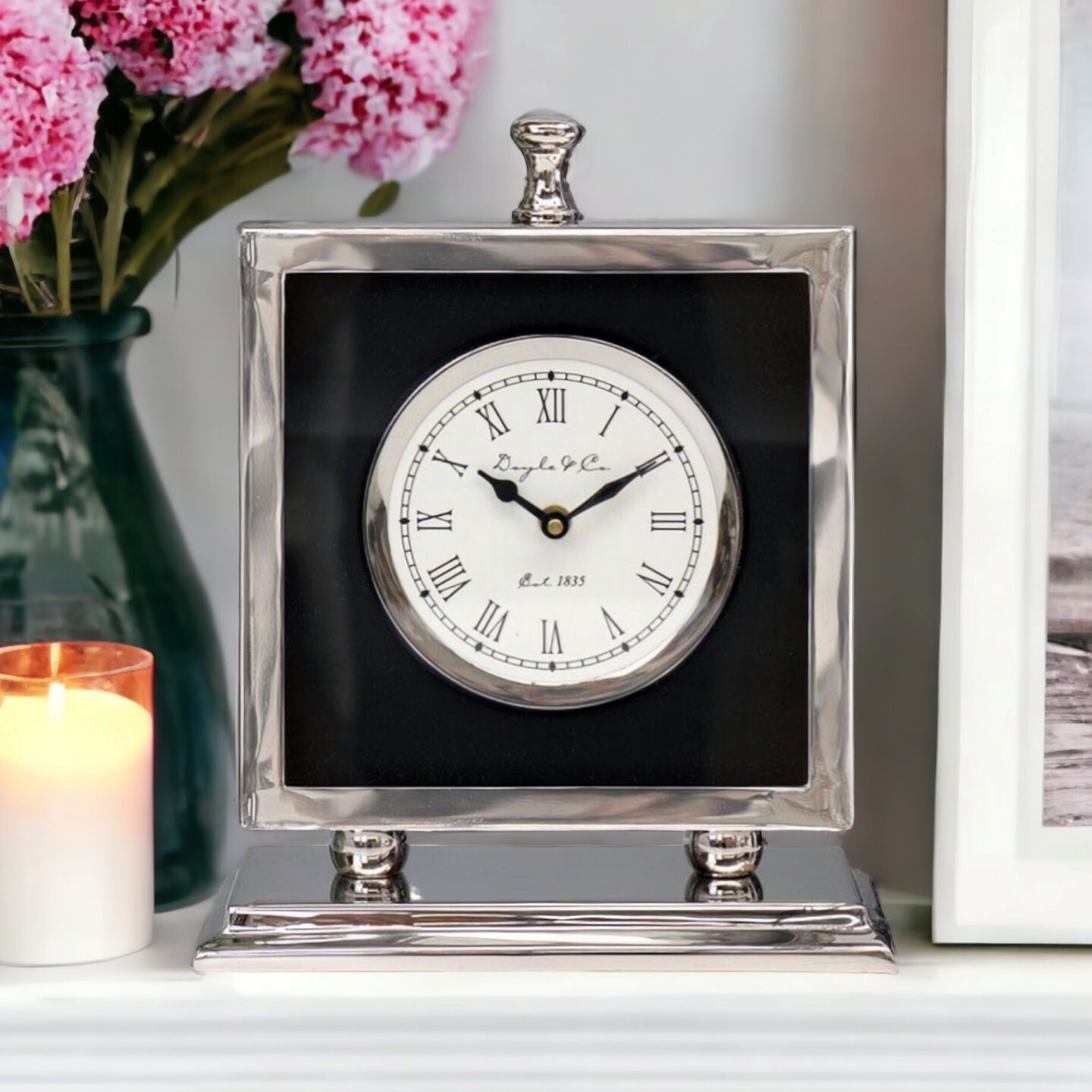 Modern Silver Nickel & Black Square FOB Clock on Stand- Mantel Shelf ...