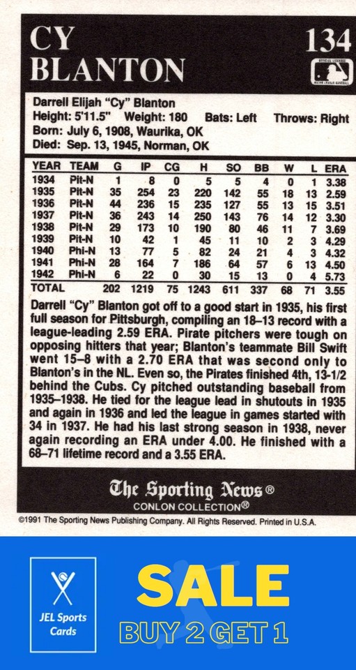 1991 Conlon Collection TSN #134 Cy Blanton | eBay