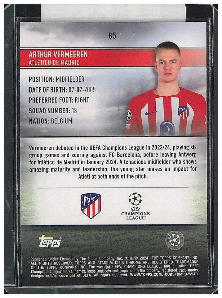 2024 Topps Finest UEFA Club Competitions Arthur Vermeeren Base RC #85 ...
