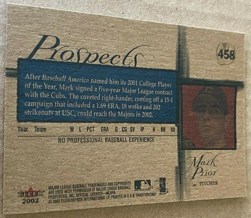 MARK PRIOR 2002 FLEER TRADITION PROSPECTS Rookie Card #458 NM-MT ...