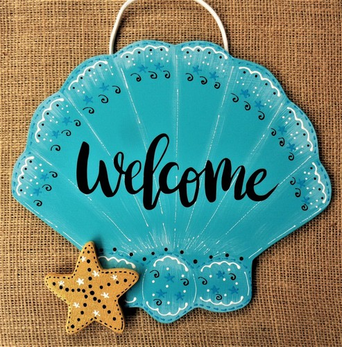 Welcome SEASHELL SIGN Deck Patio Pool Wall Door Plaque Beach Tiki Bar ...