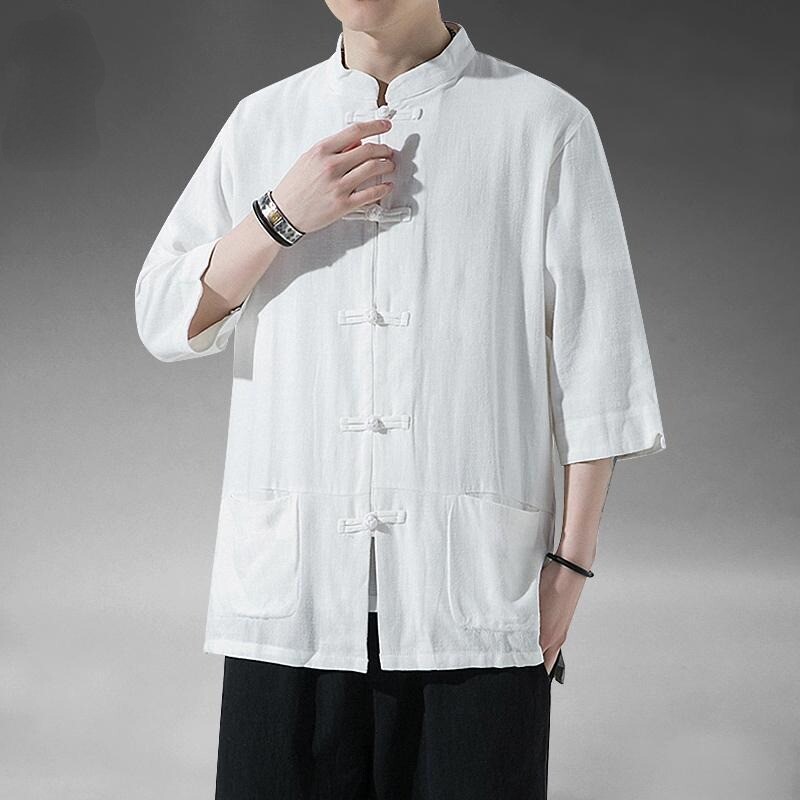 Men Chinese Tai Chi Tang Suit Half Sleeve Shirt Kung Fu Jacket Retro ...