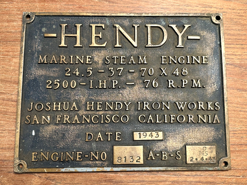 JOSHUA HENDY IRON WORKS S.F. CAL Marine Steam Engine Plaque Vintage ...