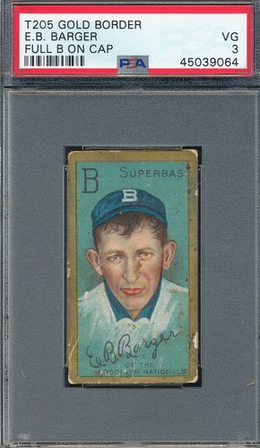 FULL B ON CAP PSA 3 VG T205 EB ED BARGER 1911 PIEDMONT GOLD BORDER ...