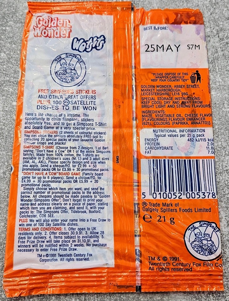 The Simpsons - 1991 - Golden Wonder - Wotsits - Vintage Crisp Packet ...