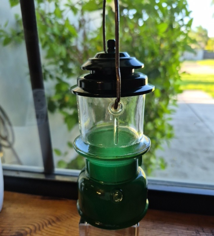 VINTAGE Coleman Oil Lantern Duplicate AVON Green Glass Metal Camping ...