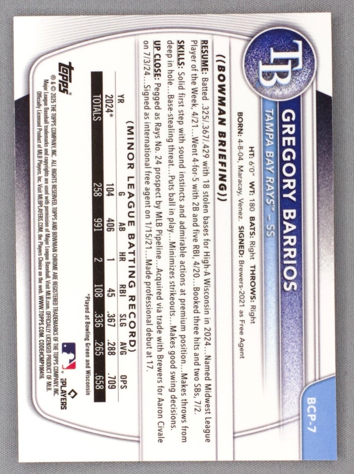 2025 Bowman Chrome 1st Gregory Barrios #BCP-7 Reptilian Refractor Rays | eBay