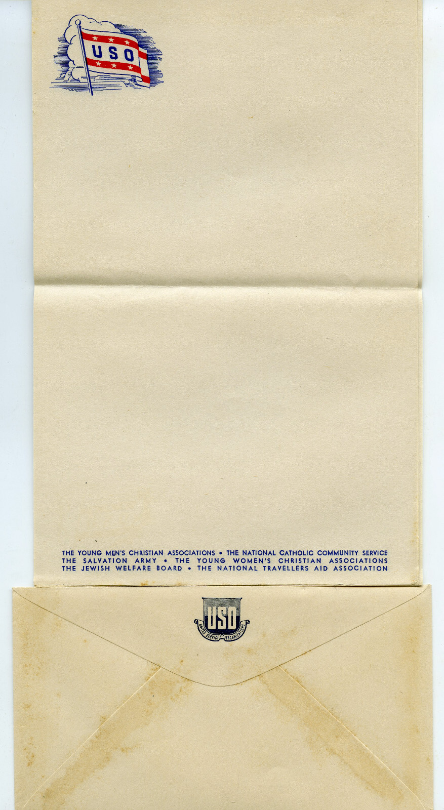 Antique Envelope And Set 2 Letterheads USO United Service Organization ...