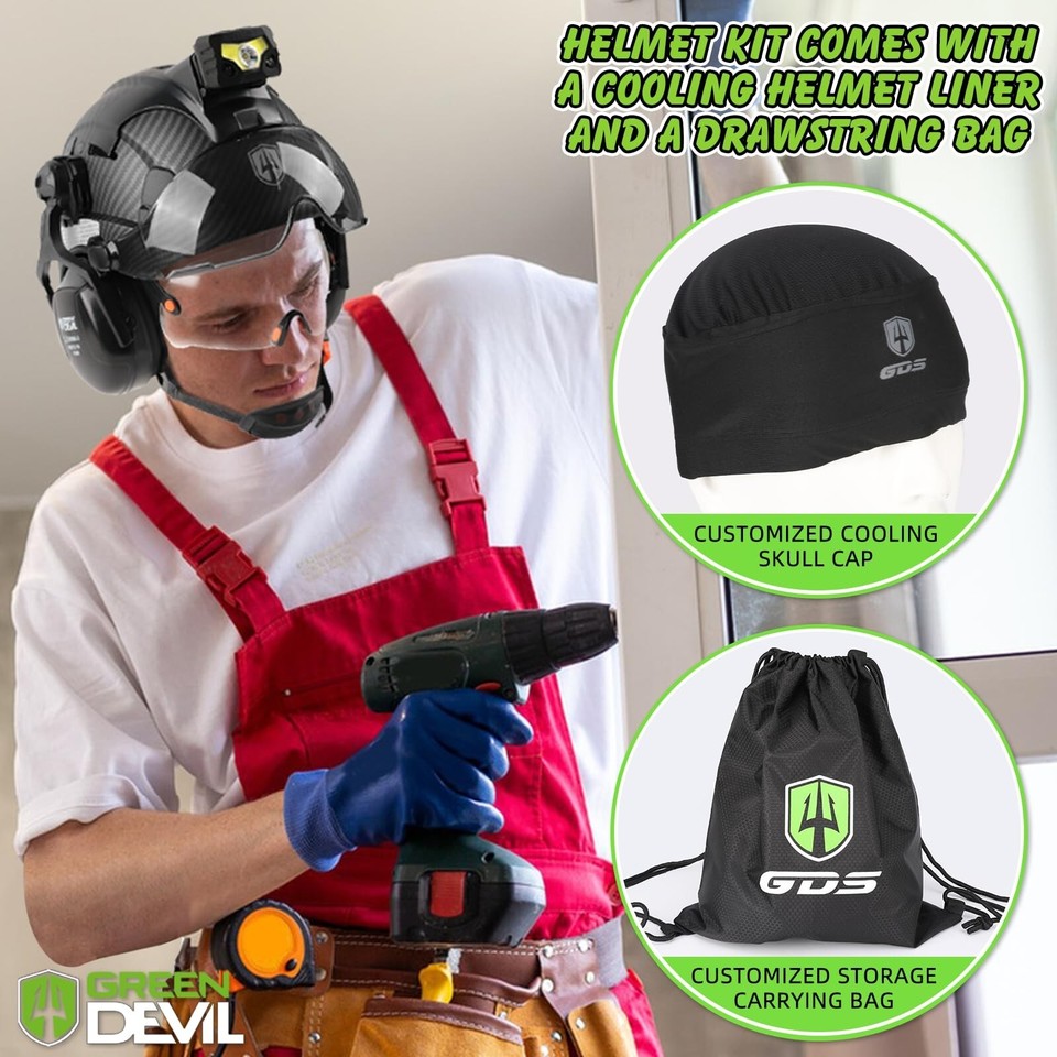 GREEN DEVIL Hard Hat Safety Helmet with Rechargeable Headlamp Light and ...