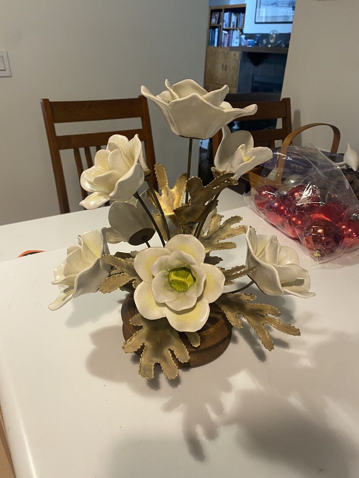 Vintage Winifred Cole MCM Ceramic Brass Metal Flower Leaves Sculpture ...