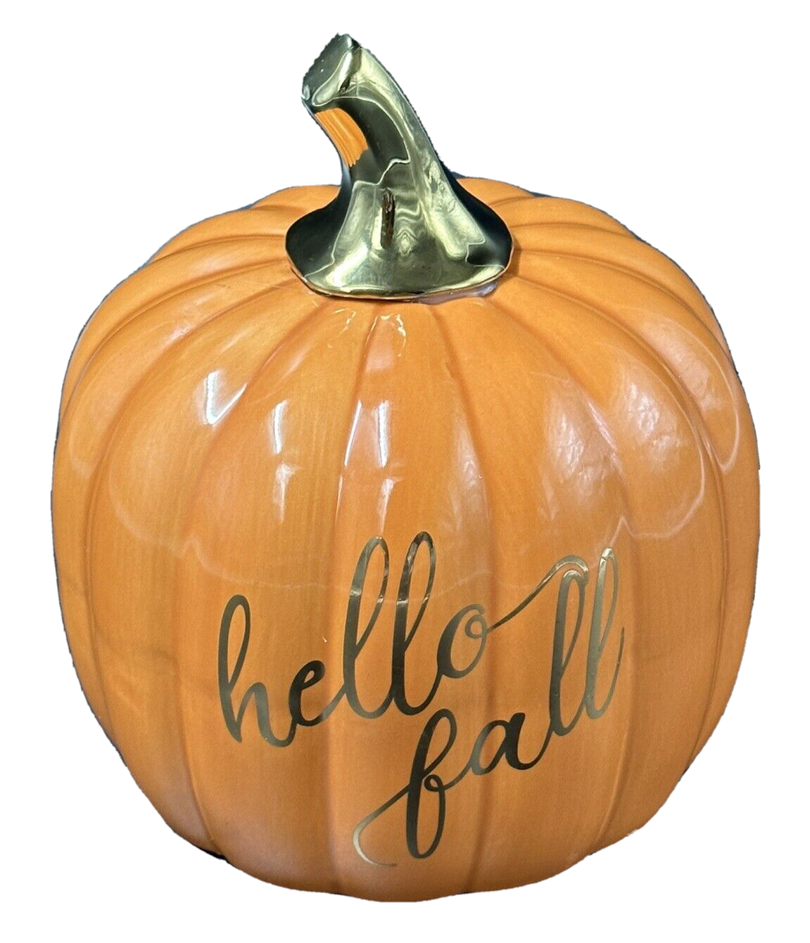 Hello Fall Orange Ceramic Pumpkin with Gold Stem 8 Inches High ...
