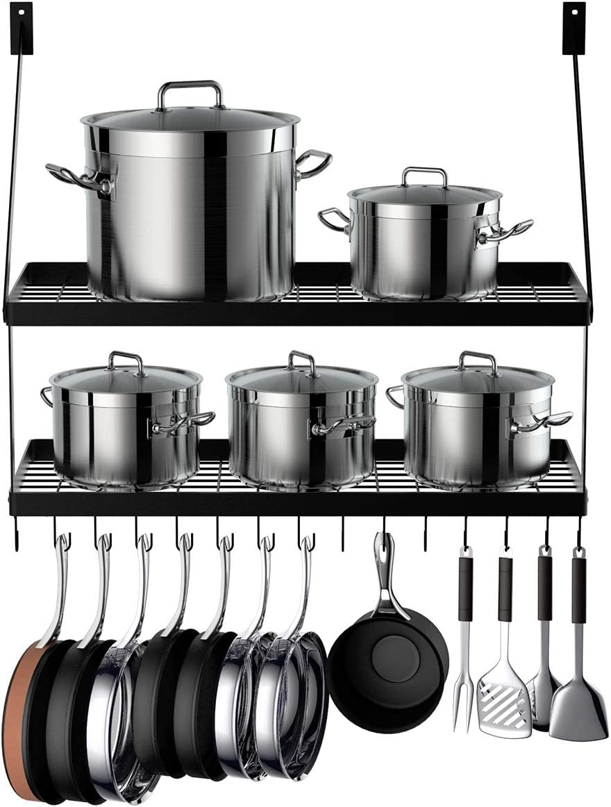 Wall Mounted Pot Rack with 2-Tier 15 Hooks, Kitchen Shelves Cookware ...