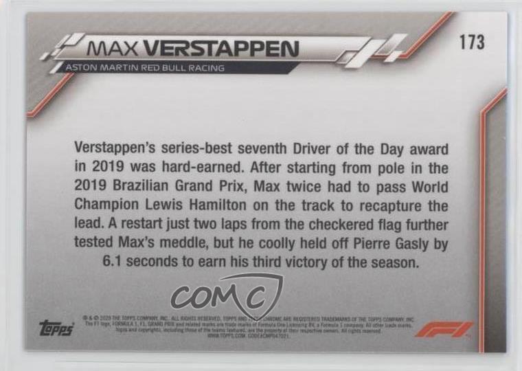 2020 Topps Chrome Sapphire Edition Formula 1 Max Verstappen #173 Rookie ...