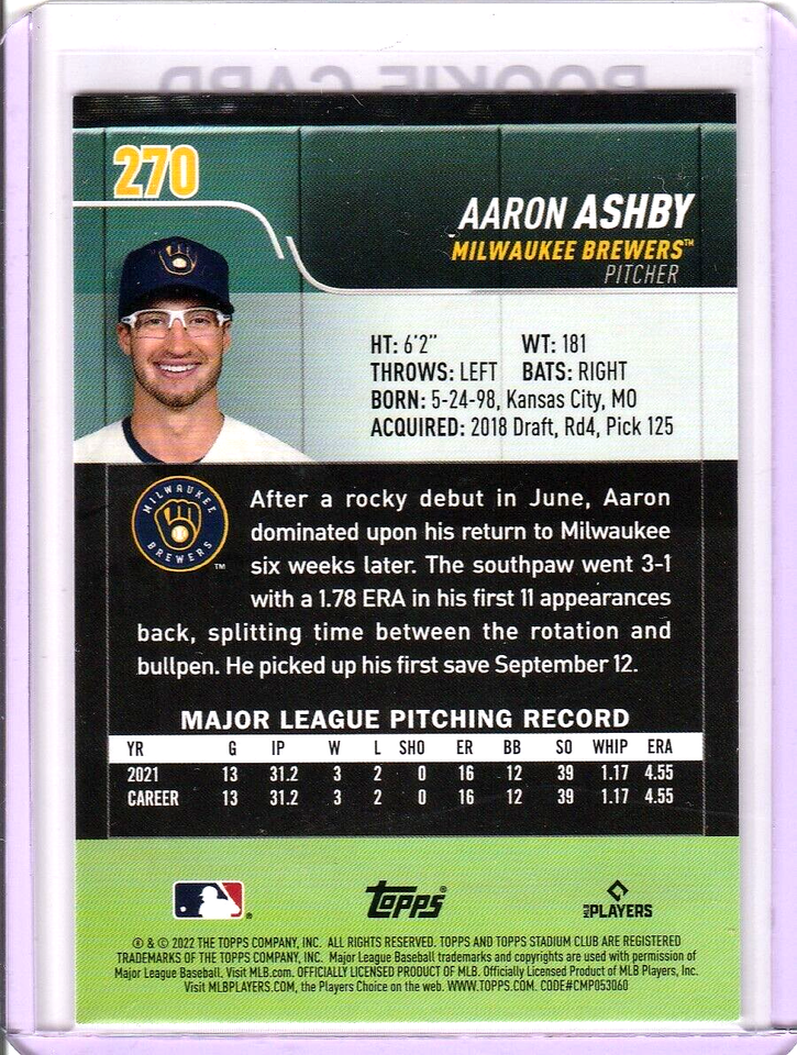 Milwaukee Brewers 2022 Topps Stadium Club #270 RC Aaron Ashby Rookie ...