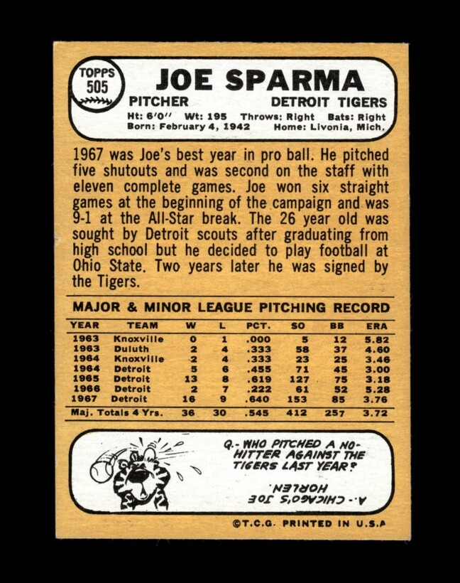 1968 Topps Set-Break #505 Joe Sparma EX-EXMINT *GMCARDS* | eBay
