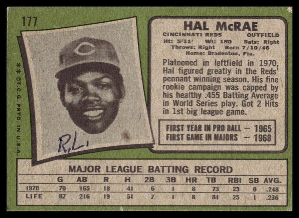 1971 Topps #177 Hal McRae Cincinnati Reds VG-VGEX Crease | eBay