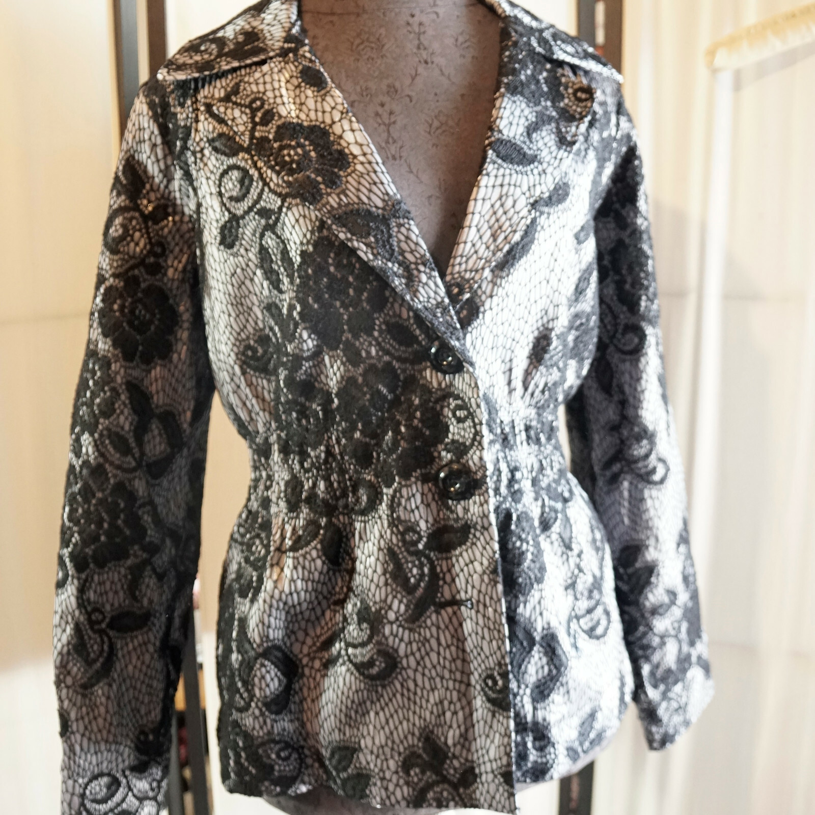 LAURA ASHLEY Silver Gray Black Lace Overlay Jacket 1X… - Gem
