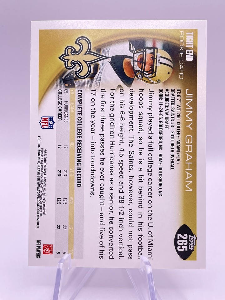 2010 Topps Football Card - #265 Jimmy Graham - Rookie - New Orleans ...