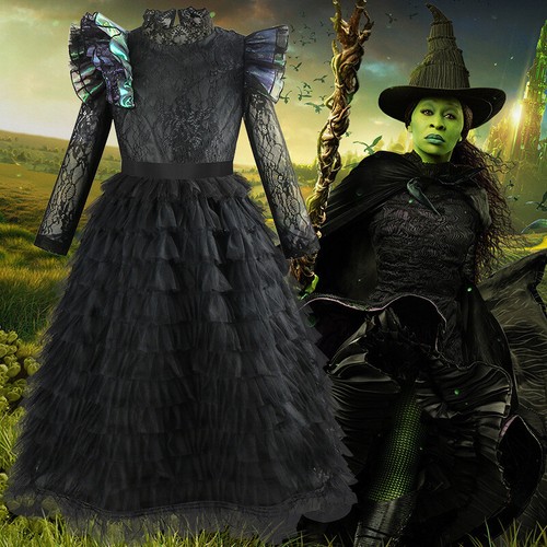 Kids 2024 Movie Wicked Wizard Cosplay Elphaba Girl's Black Dress ...