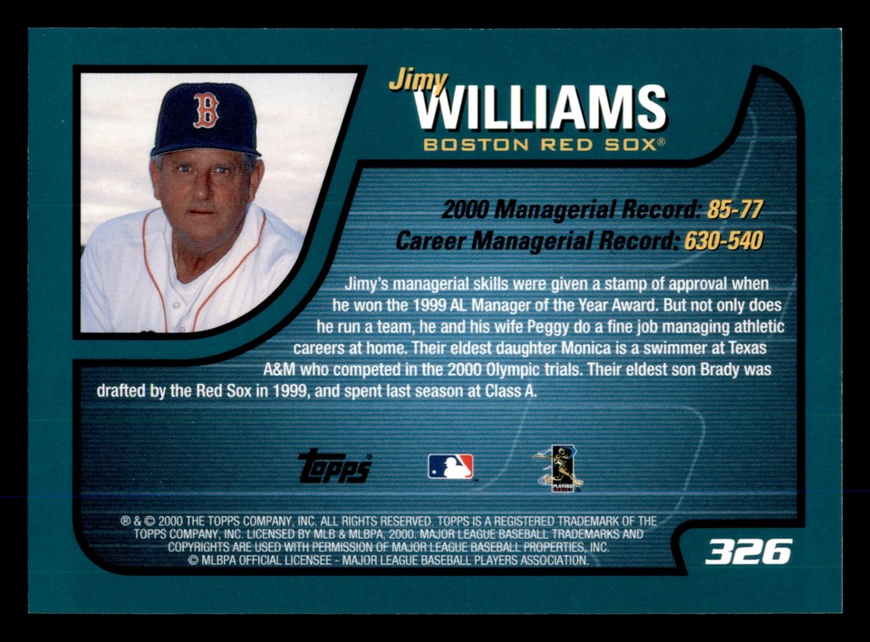 2001 Topps Jimy Williams #326 Boston Red Sox | eBay