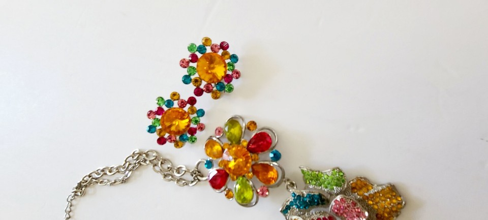 Rhinestone Multi Color Necklace Set with Clip On Earrings Bright ...