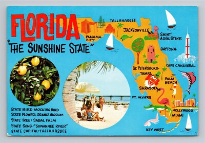 Florida The Sunshine State Cartoon Comic Map Attractions 1970s Vtg ...