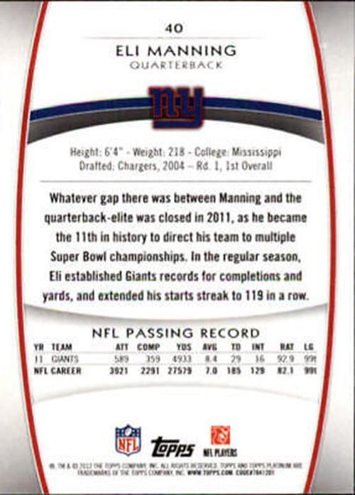 2012 Topps Platinum Football #40 Eli Manning New York Giants | eBay